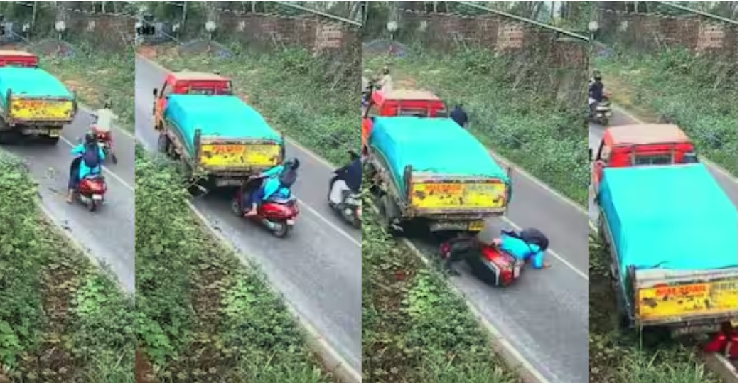 ആയുസിന്‍റെ ബലം! കയറ്റത്തിൽ ലോറി പിന്നോട്ട് നീങ്ങി, Peringalam സ്കൂട്ട ...